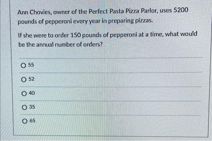 Solved Ann Chovies, owner of the Perfect Pasta Pizza Parlor, | Chegg.com