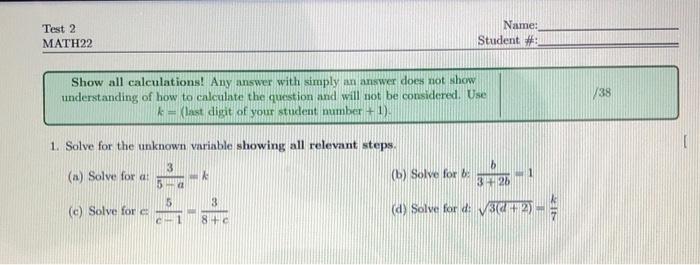 Solved Test 2 MATH22 Name: Student #: Show all calculations! | Chegg.com
