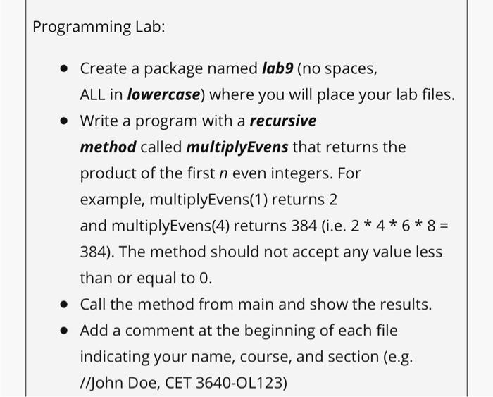 Solved Programming Lab: • Create a package named lab9 (no | Chegg.com