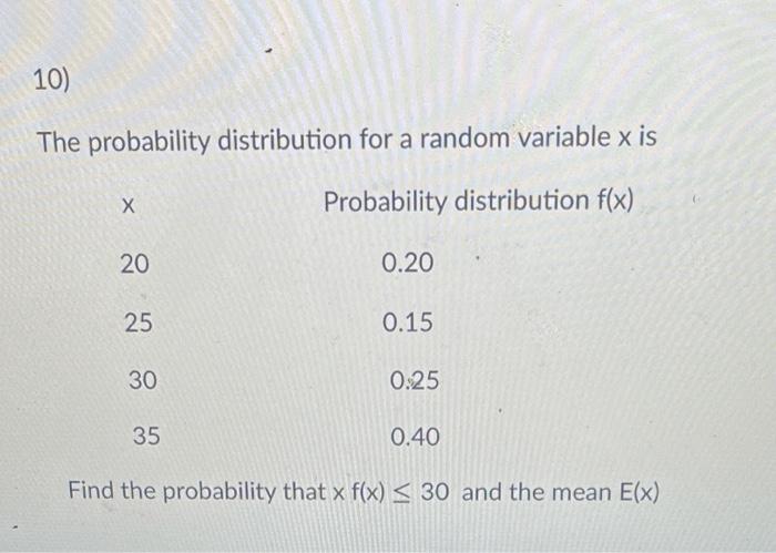 Solved 10) The probability distribution for a random | Chegg.com