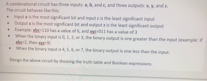 Solved A combinational circuit has three inputs: a, b, and | Chegg.com