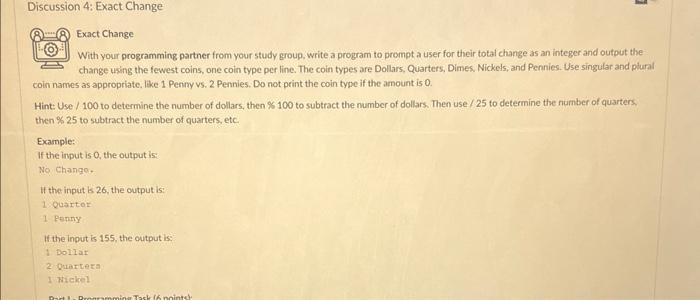 Solved Exact Change With your programming parther from your | Chegg.com