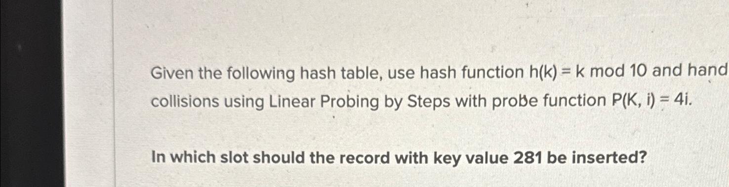 Solved Given the following hash table, use hash function | Chegg.com