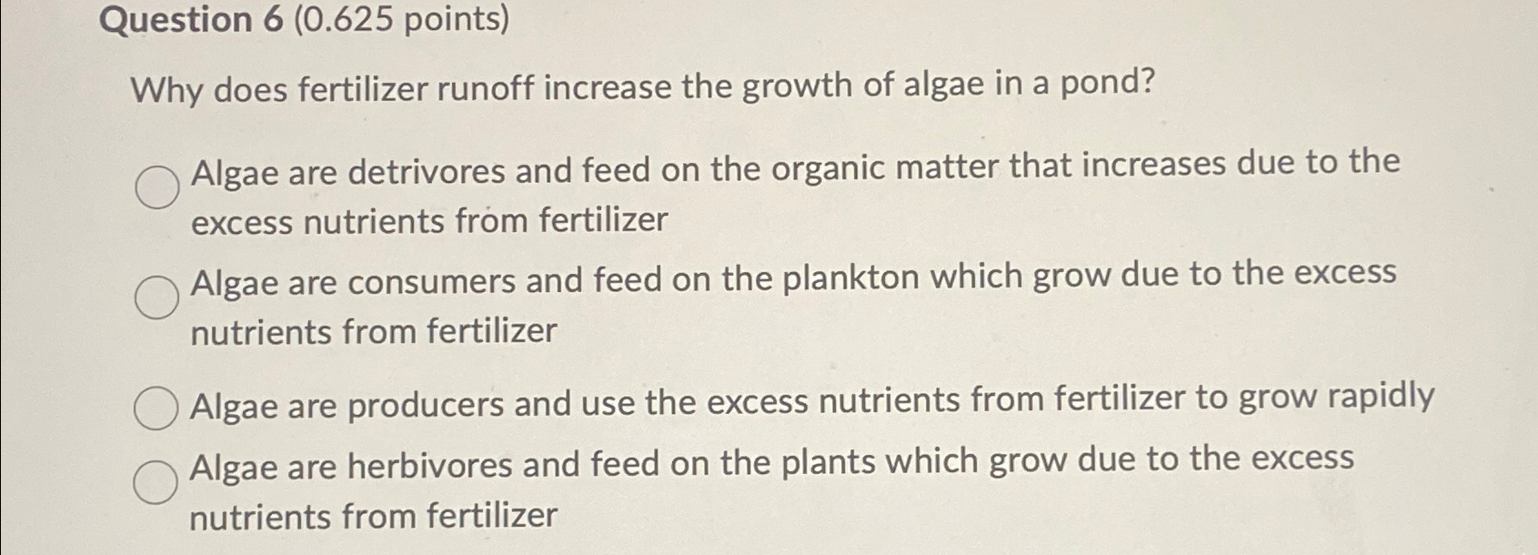 Solved Question 6 ( 0.625 ﻿points)Why does fertilizer runoff | Chegg.com