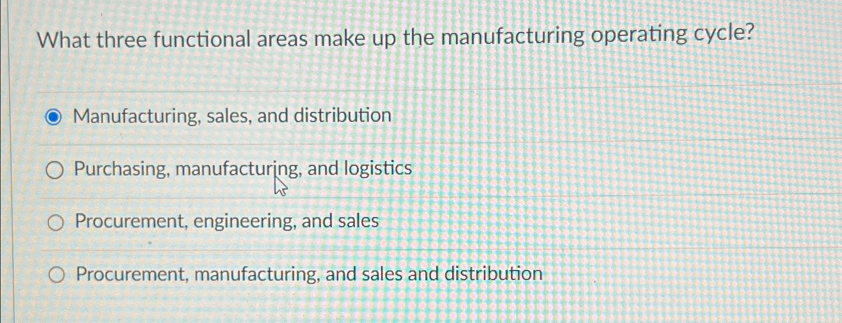 Solved What three functional areas make up the manufacturing | Chegg.com