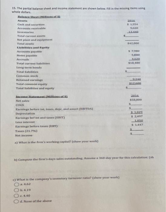 Solved 15. The partial balance sheet and income statement | Chegg.com