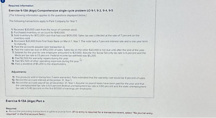 Solved Required information Exercise 9.13A (Algo) | Chegg.com