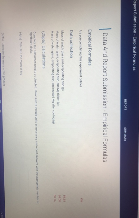 Solved Report Submission - Empirical Formulas REPORT SUMMARY | Chegg.com