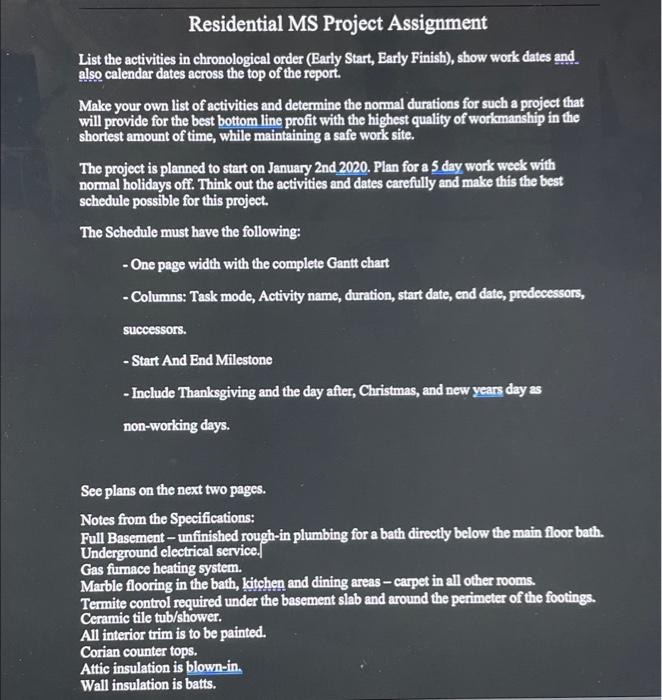 Residential MS Project Assignment List the activities | Chegg.com