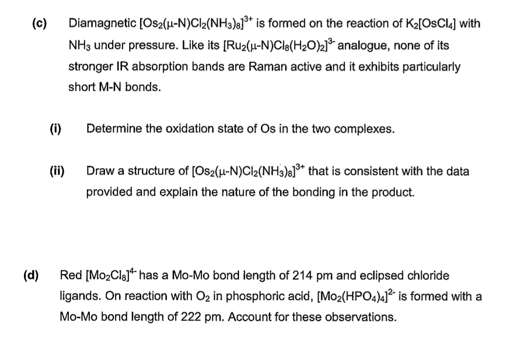 Solved (d) ﻿Red [Mo2Cl8]4- ﻿has a Mo-Mo bond length of 214pm | Chegg.com