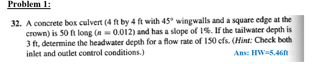 Solved A conctrete box culvert (4 ft by 4ft ﻿with 45 ﻿degree | Chegg.com
