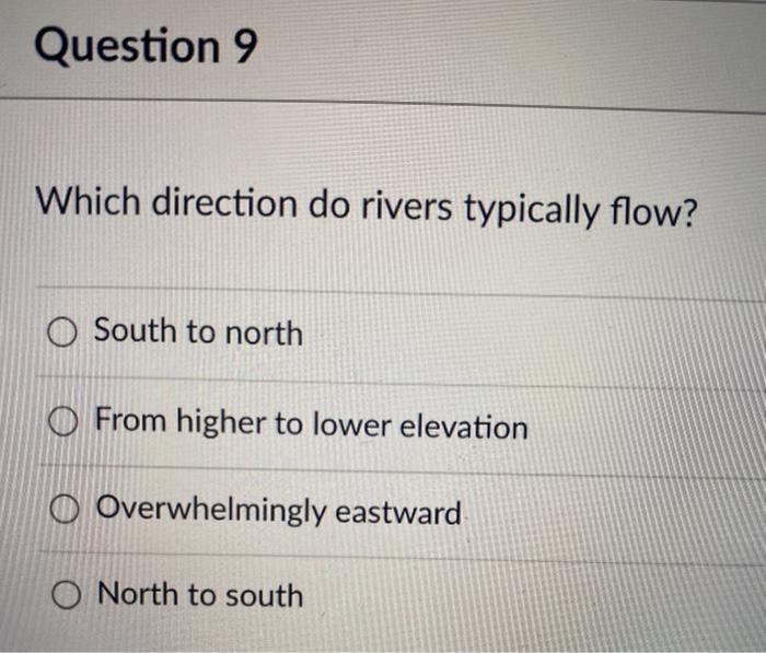 Solved Question 9 Which direction do rivers typically flow? | Chegg.com