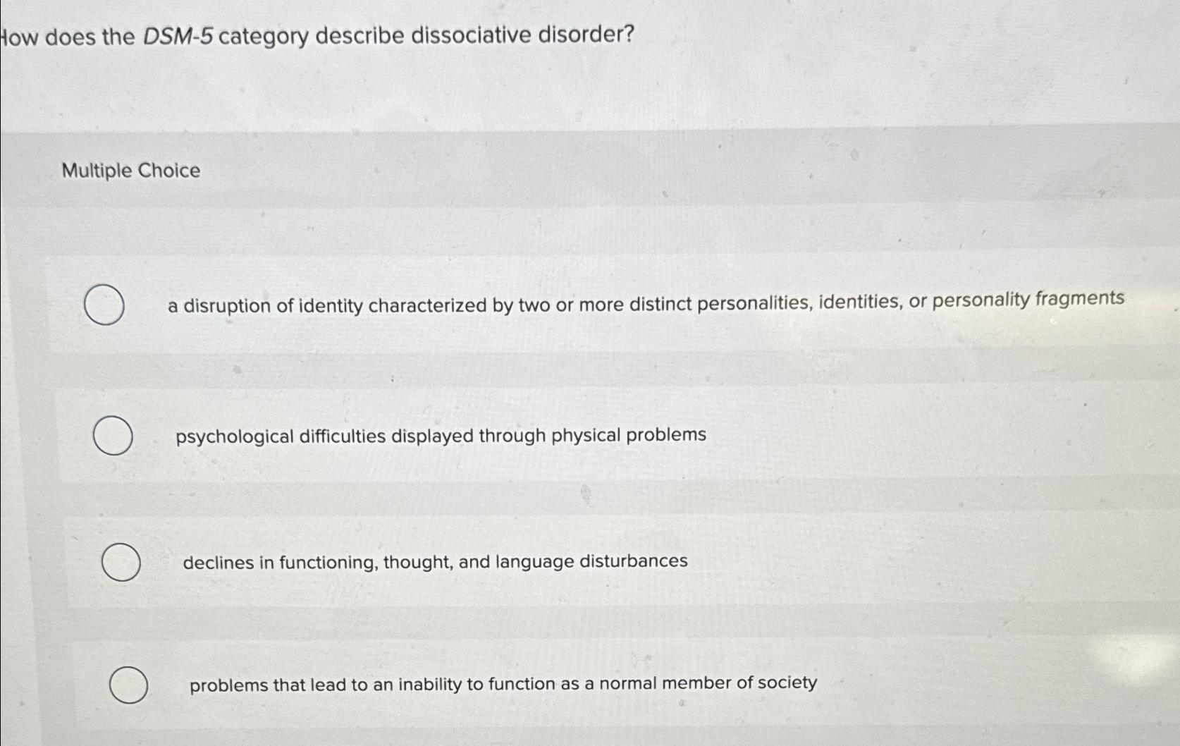 Solved How does the DSM- 5 ﻿category describe dissociative | Chegg.com