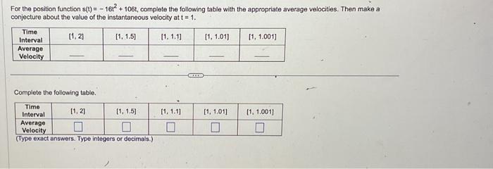Solved For the position function s(t)=−16t2+106t, complete | Chegg.com