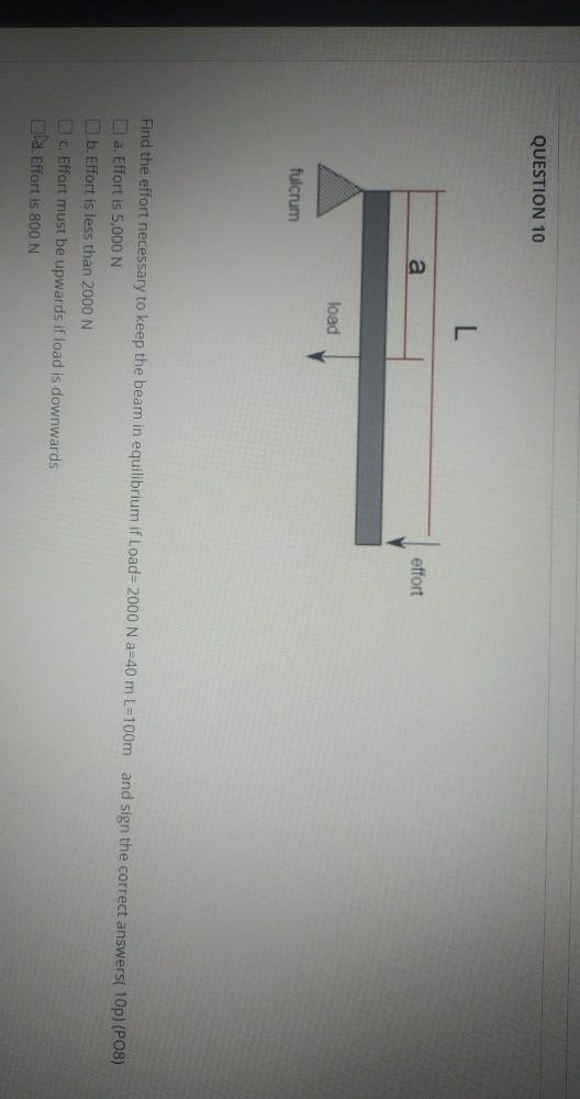 Solved QUESTION 10 a effort load fulcrum Find the effort | Chegg.com