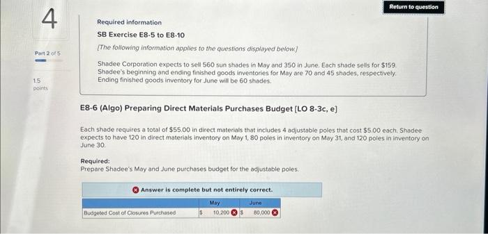Solved 4 Part 2 of 5 1.5 points Required information SB | Chegg.com