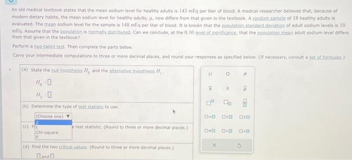 Solved An oid medical textbook states that the mean sodium | Chegg.com