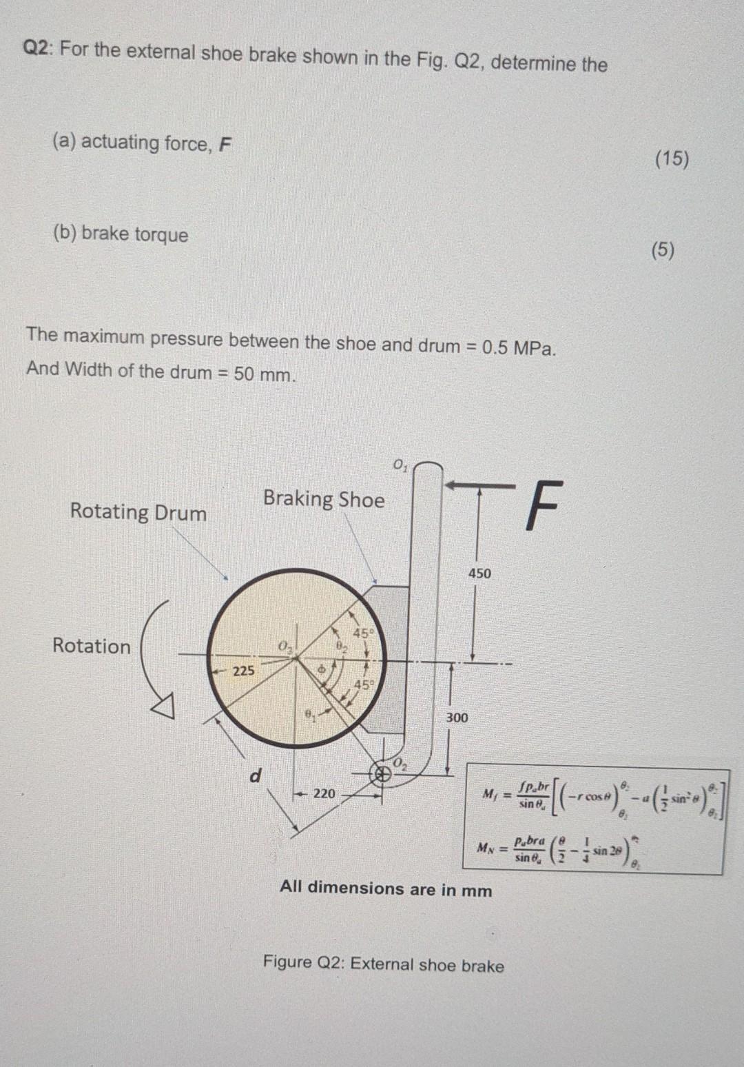 Solved Q2: For the external shoe brake shown in the Fig. Q2, | Chegg.com