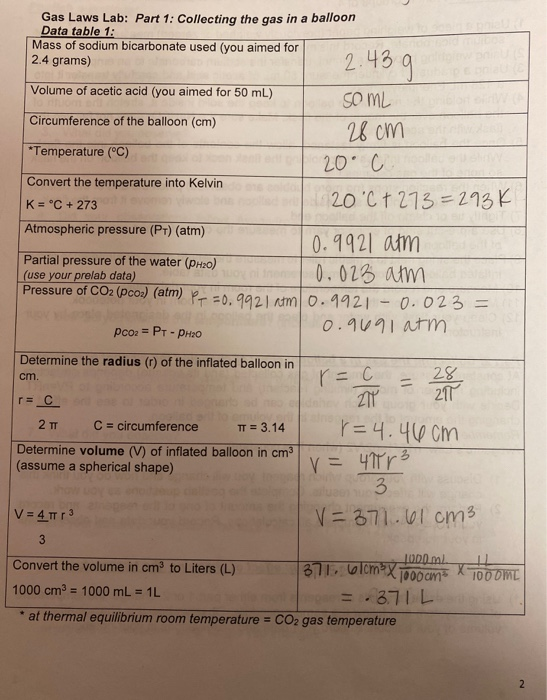 Solved Gas Laws Lab: Part 1: Collecting the gas in a balloon | Chegg.com