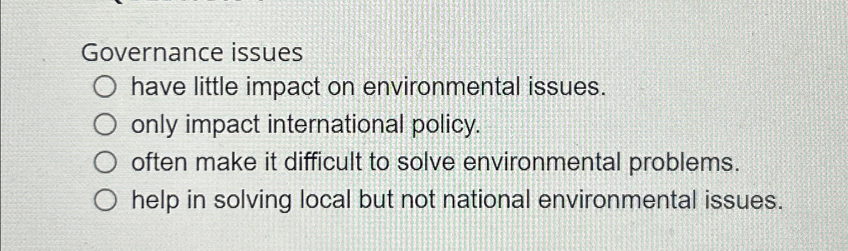 Solved Governance issueshave little impact on environmental | Chegg.com