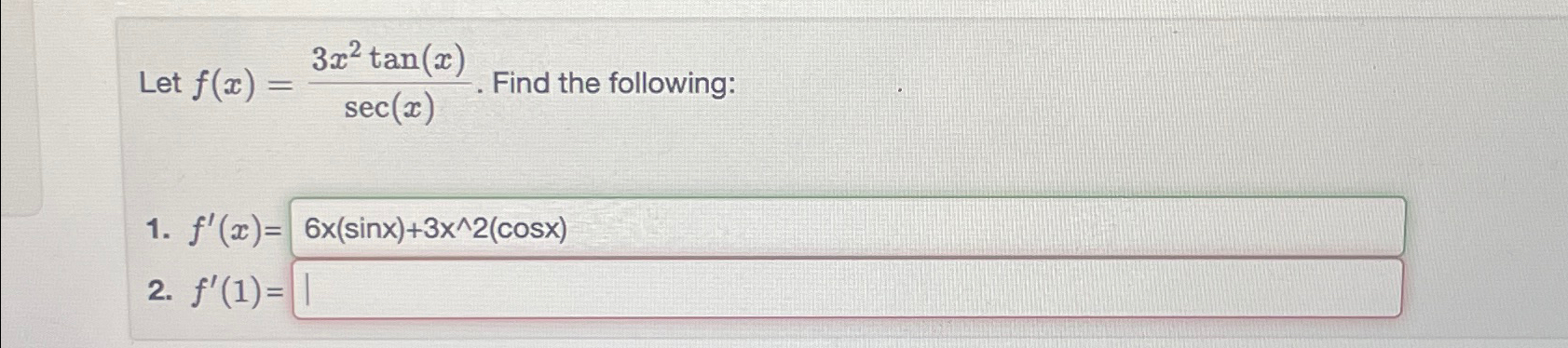Solved Let f(x)=3x2tan(x)sec(x). ﻿Find the | Chegg.com