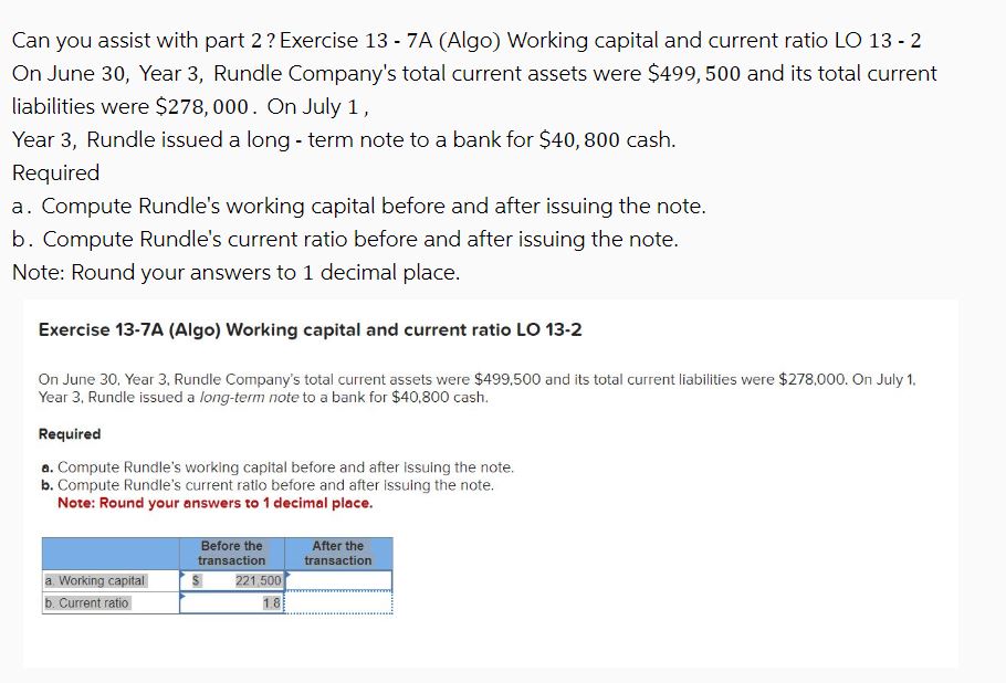 Solved Exercise 13-7A (Algo) ﻿Working capital and current | Chegg.com