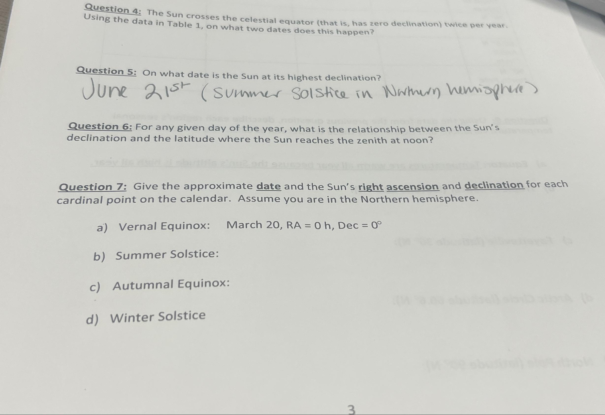 Solved Question 4: The Sun crosses the celestial equator | Chegg.com