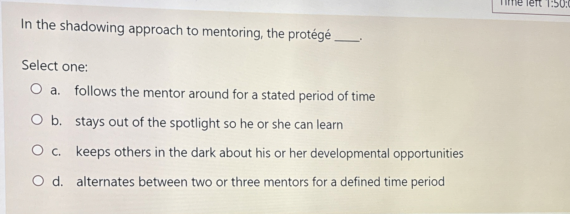 Solved In the shadowing approach to mentoring, the | Chegg.com