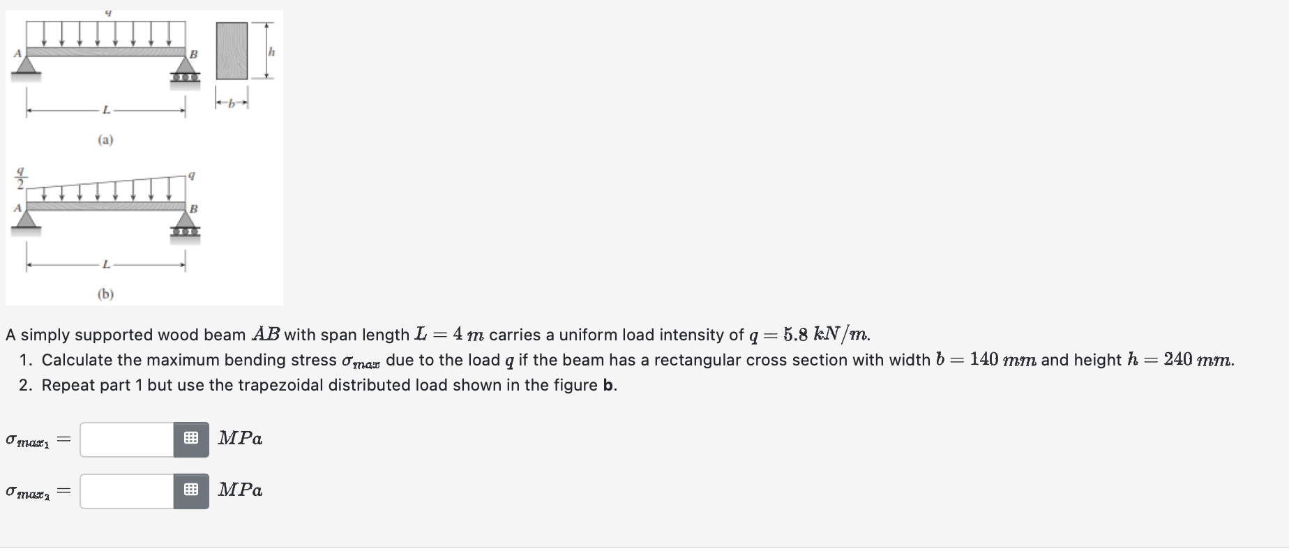 Solved A simply supported wood beam AB ﻿with span length | Chegg.com