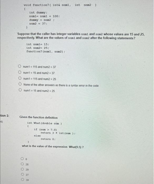 Solved void function( int& numi, int num2 ) int dummy : | Chegg.com