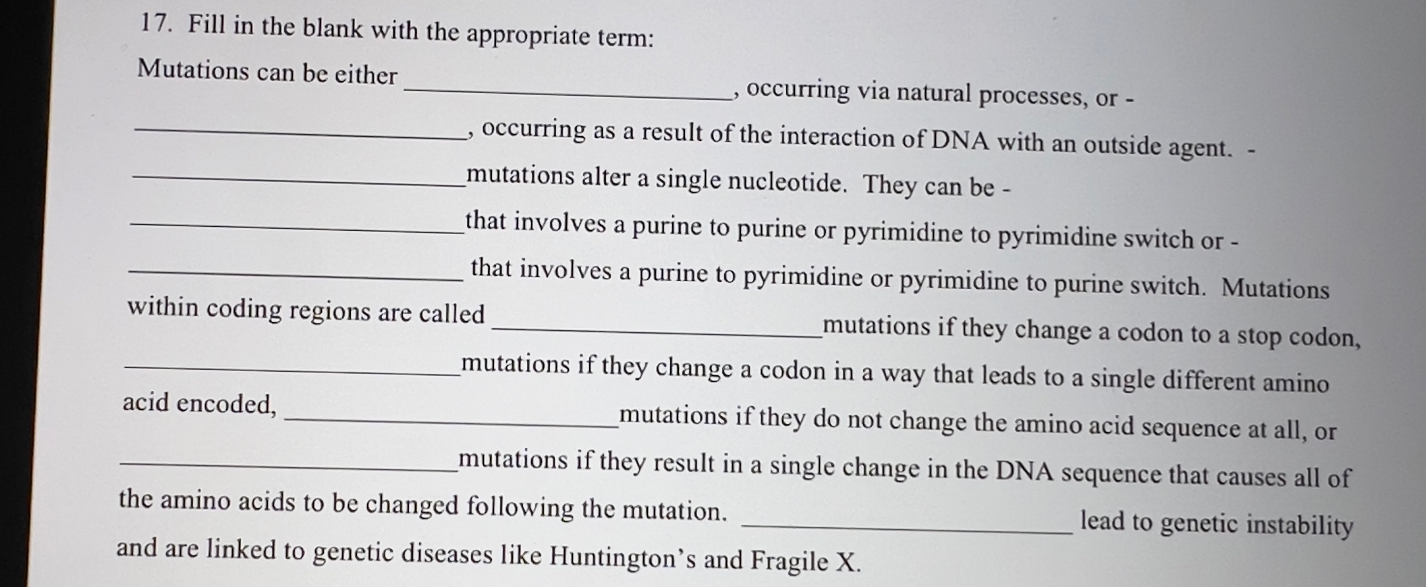 Solved Fill in the blank with the appropriate term:Mutations | Chegg.com