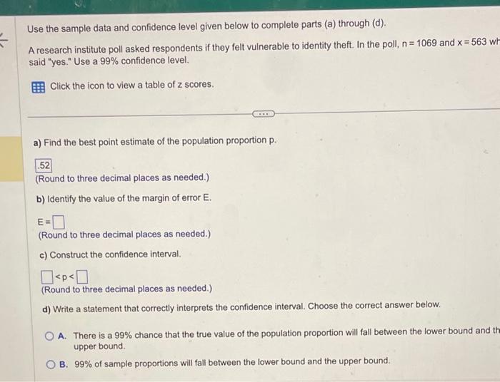 Solved Use the sample data and confidence level given below | Chegg.com