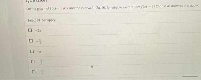 Solved On the graph of f(x) = cscx and the interval (-2, 0), | Chegg.com