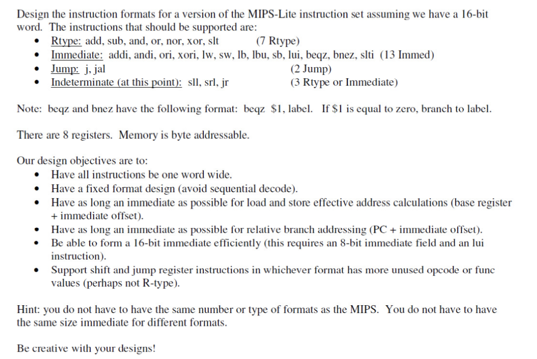 Solved Design the instruction formats for a version of the | Chegg.com