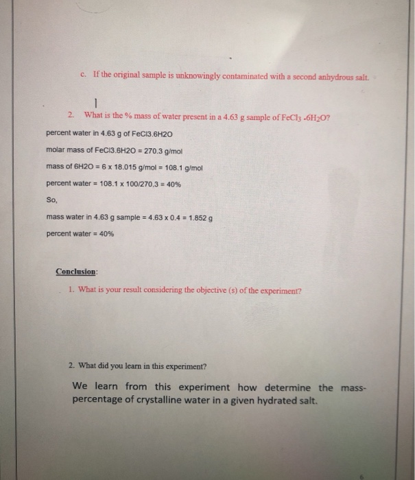 Solved Report Sheet Experiment #3 Title: Percentage of water | Chegg.com