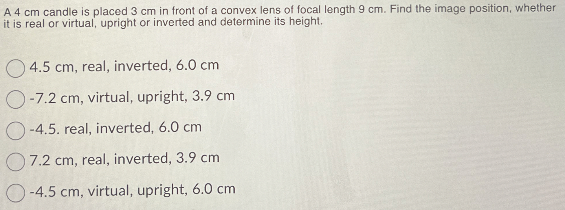 Solved A 4 ﻿cm candle is placed 3 ﻿cm in front of a convex | Chegg.com