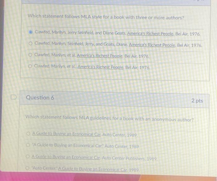 Which statement follows MLA style for a book with | Chegg.com