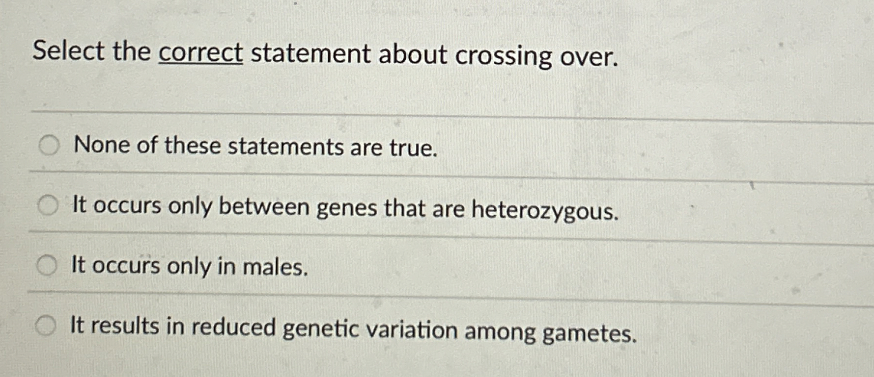 High Quality SOLUTION Select the correct statement about crossing over.None | Chegg.com
