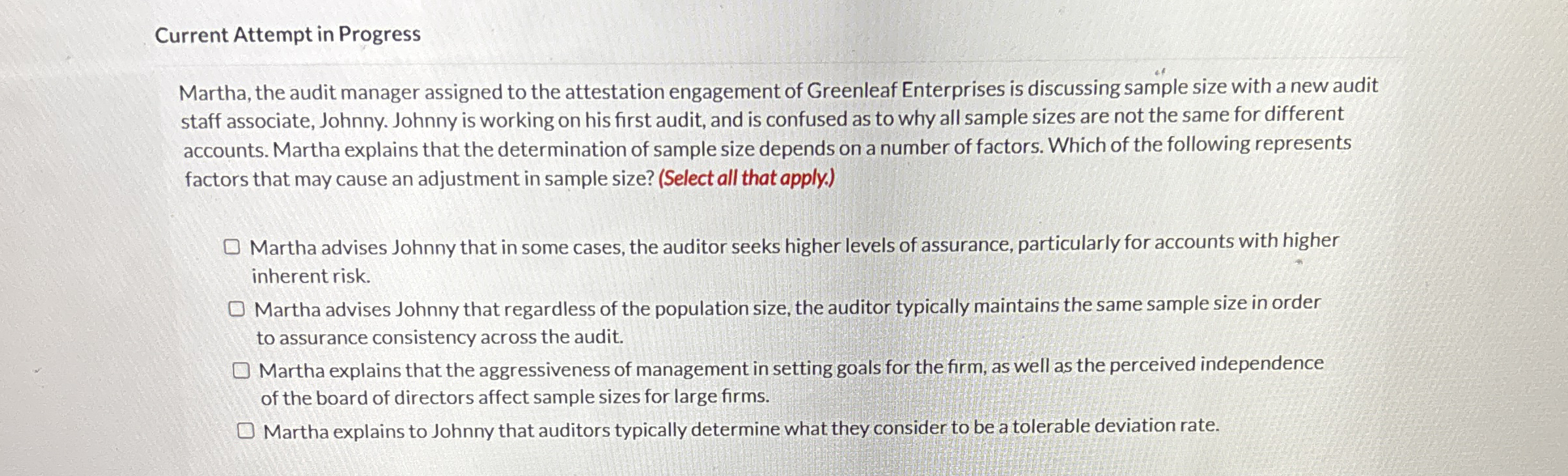Solved Current Attempt in ProgressMartha, the audit manager | Chegg.com