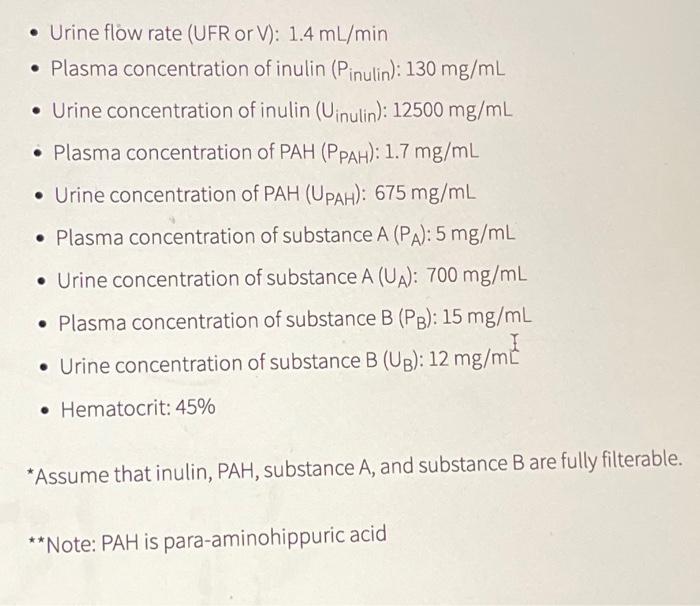 Solved - Urine flow rate (UFR or V): 1.4 mL/min - Plasma | Chegg.com