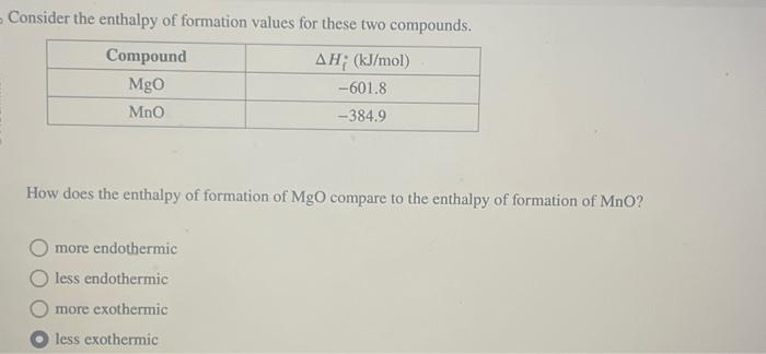 Solved Consider the enthalpy of formation values for these | Chegg.com