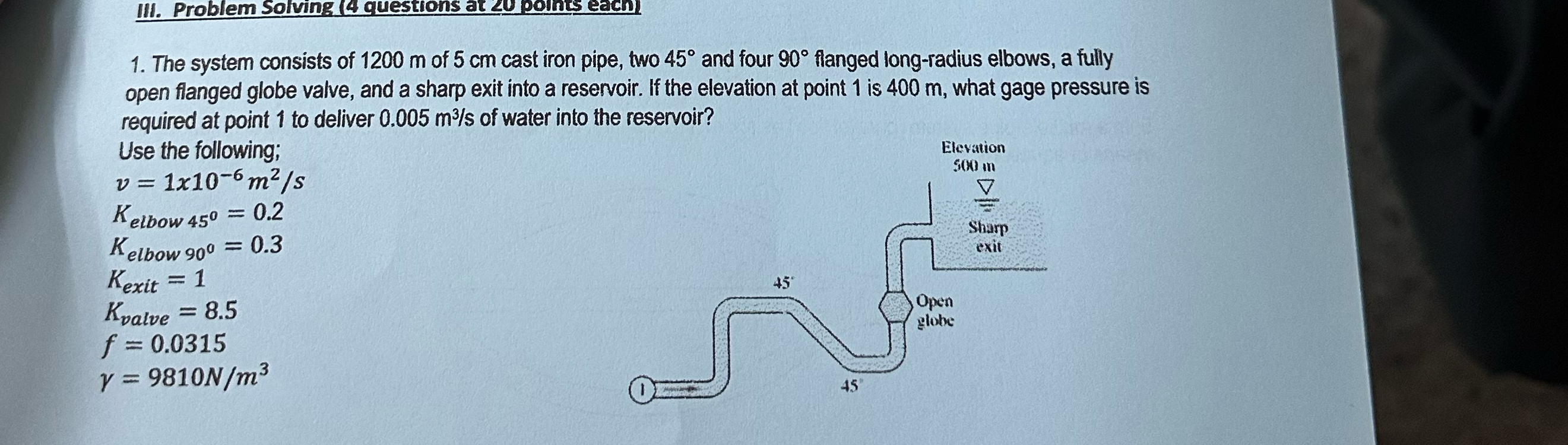 Solved The system consists of 1200m ﻿of 5cm ﻿cast iron pipe, | Chegg.com