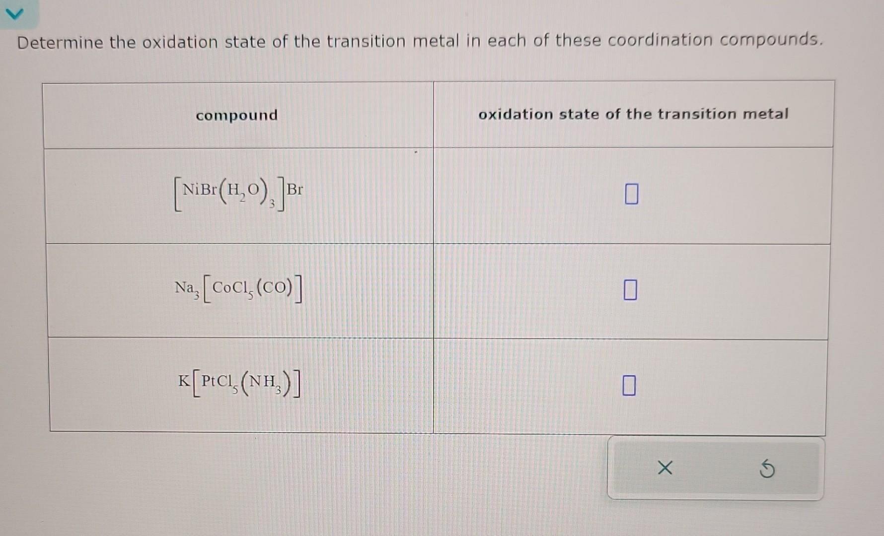 Solved Determine the oxidation state of the transition metal | Chegg.com
