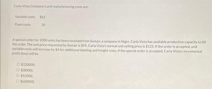 Solved Carla Vista Company's unit manufacturing costs are: | Chegg.com