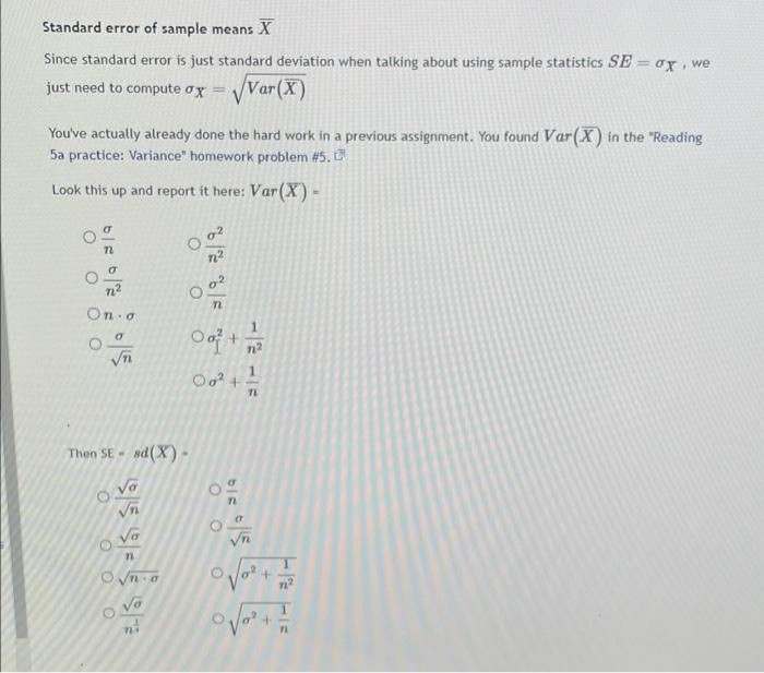 Solved Standard error of sample means X Since standard error | Chegg.com