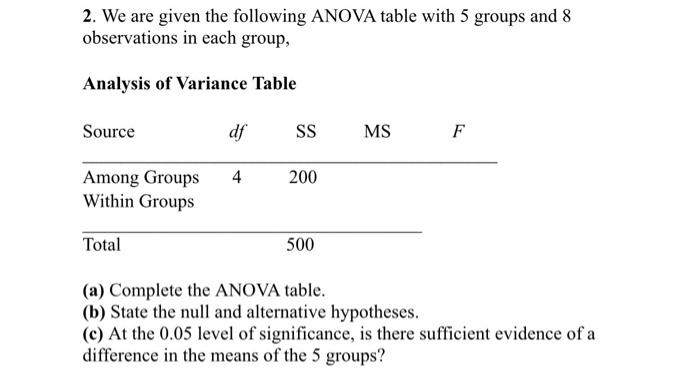 Solved 2. We are given the following ANOVA table with 5 | Chegg.com