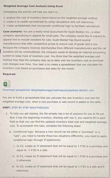 Weighted Average Cost Analysis Using Excel Completing | Chegg.com