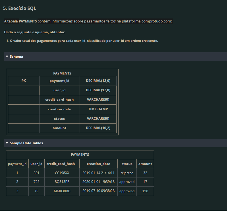 Solved SQL help Execício SQLA tabela PAYMENTS contém | Chegg.com