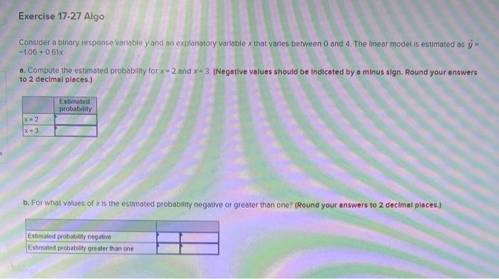 Solved Exercise 17-27 Algo Consider a binary response | Chegg.com Solved Exercise 17-27 Algo Consider a binary response | Chegg.com