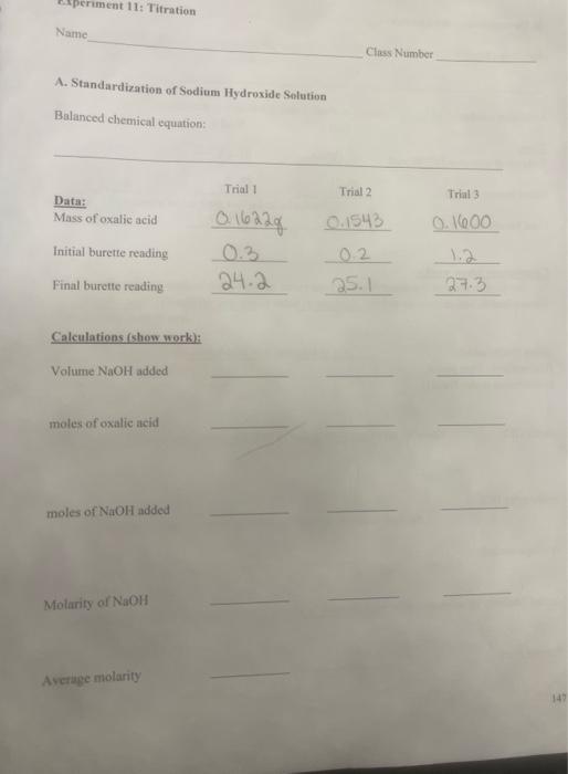 Solved Name Class Number A. Standardization of Sodium | Chegg.com